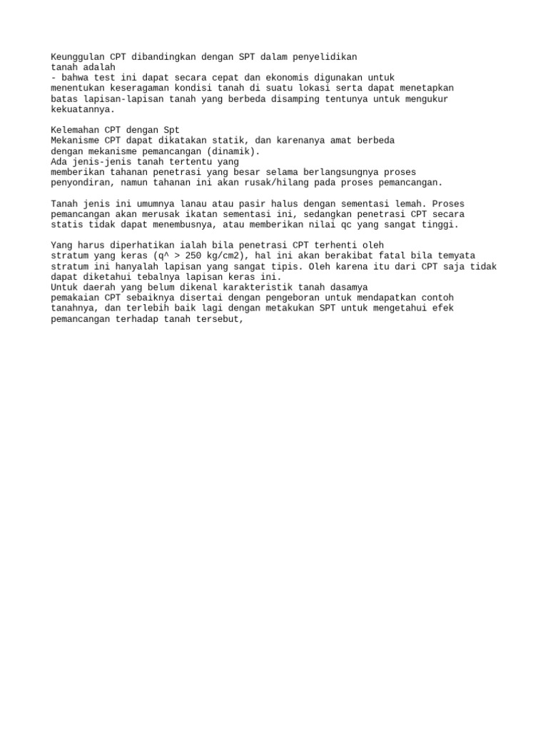 Keunggulan Dan Kelemahan CPT Dan SPT (Sondir) | PDF