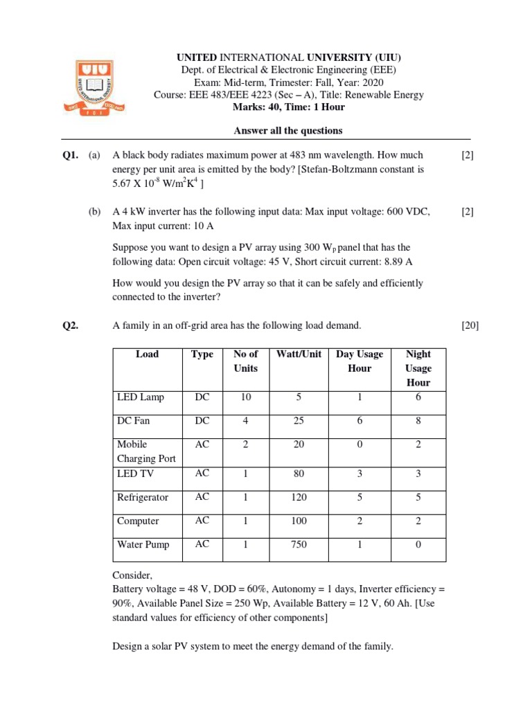 Mid Exam Question 203 EEE 483 A SAC AvSa | PDF | Photovoltaics | Photovoltaic System