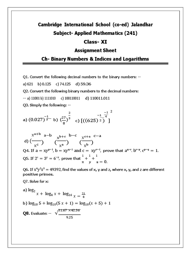 Assignment For Applied Maths Grade 11 On Topic Binary Nos. and Indices and Logarithms | PDF