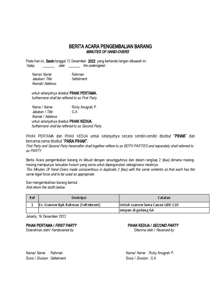 Final Draft - Berita Acara Pengembalian Barang | PDF