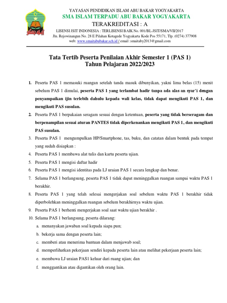 Tata Tertib PAS 1 - 2022 | PDF