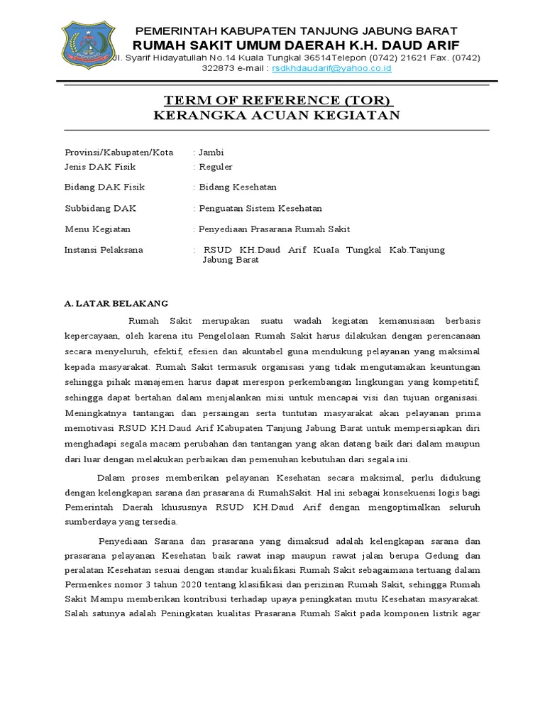 Term of Reference (Tor) Kerangka Acuan Kegiatan: Rumah Sakit Umum Daerah K.H. Daud Arif | PDF