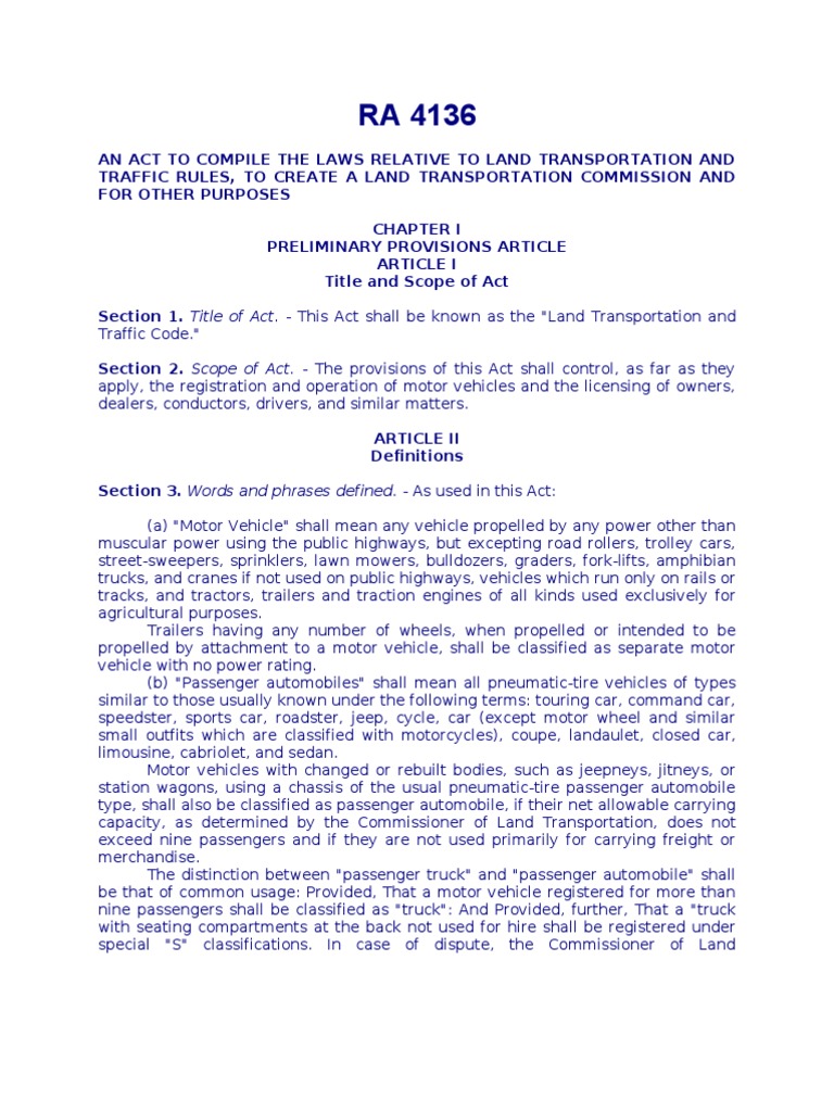RA 4136: Land Transportation Code | PDF | Vehicle Registration Plate ...