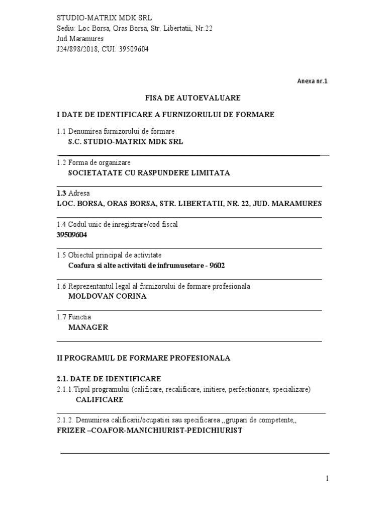 Anexa 1 - Fisa de Autoevaluare FRIZER | PDF