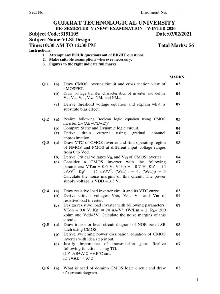 GTU BE-SEMESTER-V VLSI Design Exam Questions | PDF | Cmos | Electronic ...