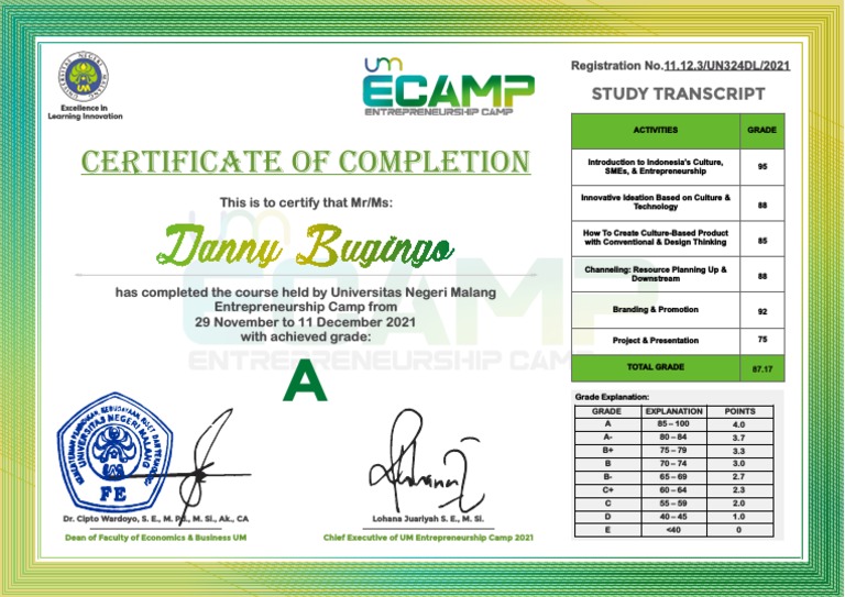 Registration and study transcript from UM Entrepreneurship Camp | PDF