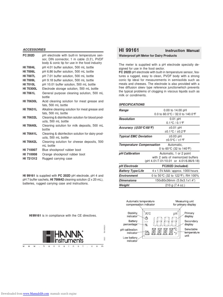 Hi 99161 Instruction Manual | PDF | Ph | Buffer Solution