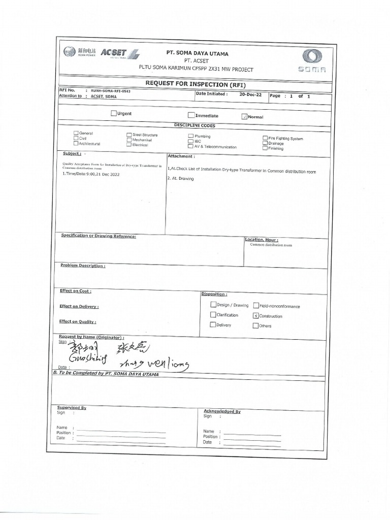 RUNH-SOMA-RFI-0543 Quality Acceptance Form for Installation of Dry-type ...