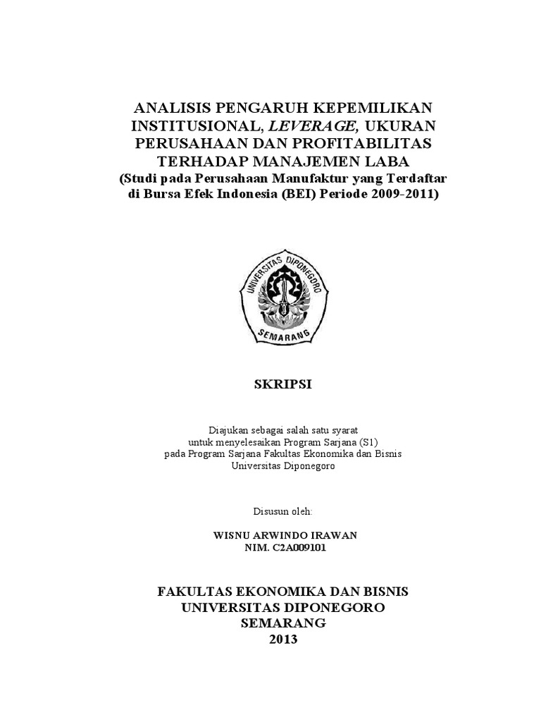 Analisis Pengaruh Kepemilikan Institusional, Leverage, Ukuran Perusahaan Dan Profitabilitas ...