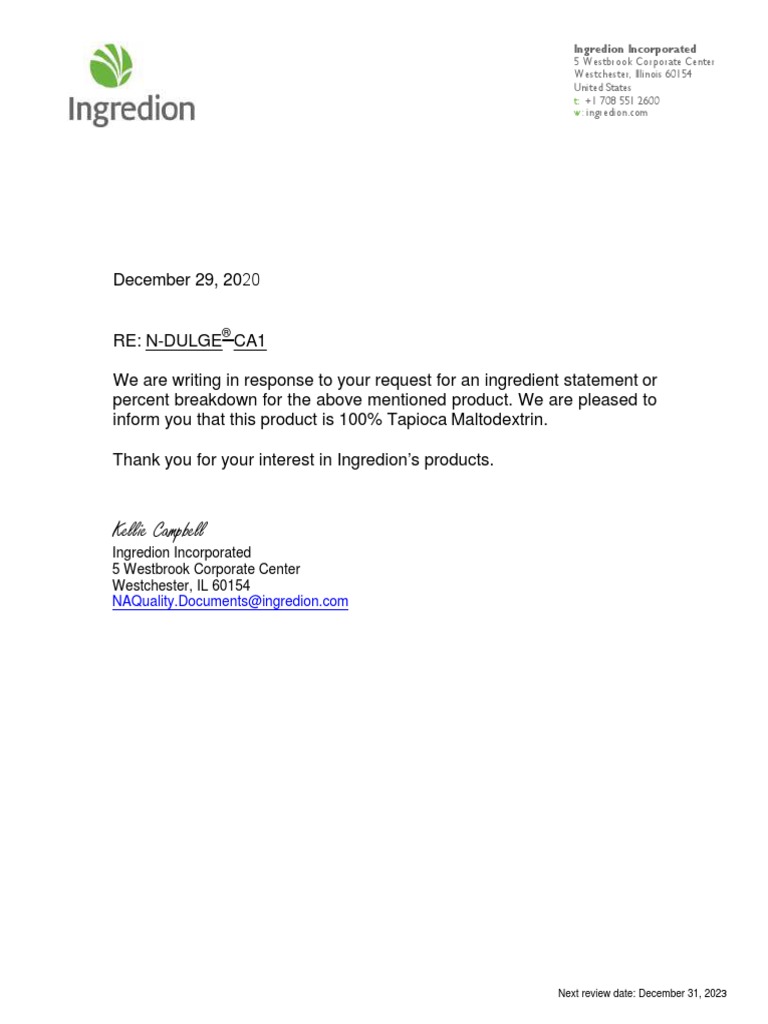 N-DULGE CA1 Ingredient Statement | PDF