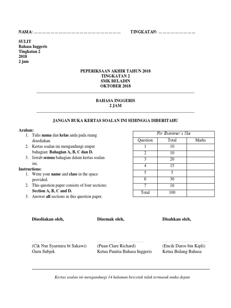 For Examiner's Use: Disediakan Oleh, Disemak Oleh, Disahkan Oleh | PDF ...