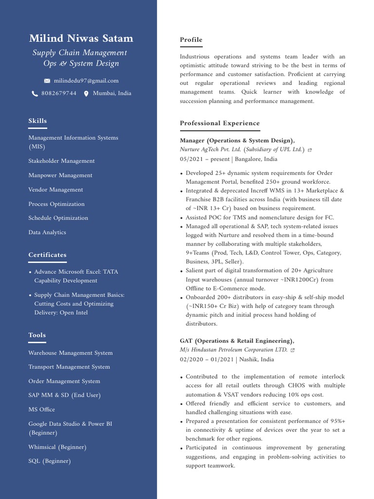 Milind - Niwas Satam - Resume | PDF | Supply Chain | Business