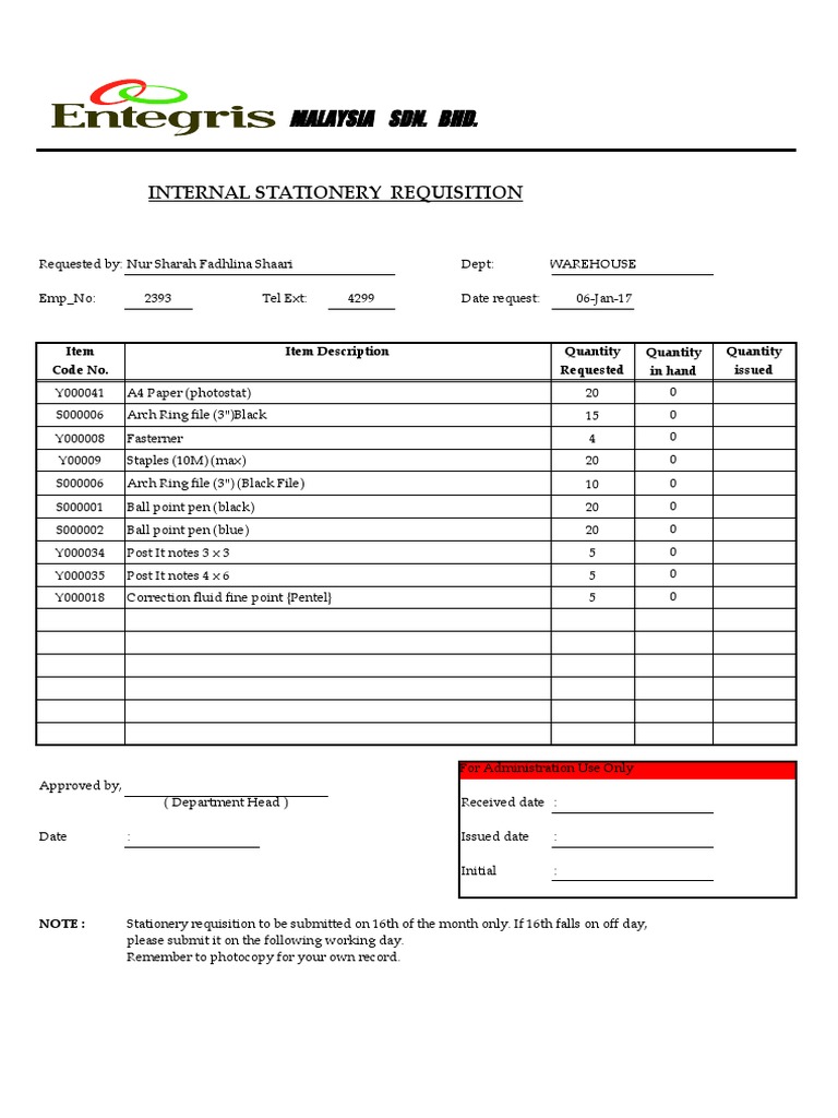 Stationary Request Form | PDF | Tools | Equipment