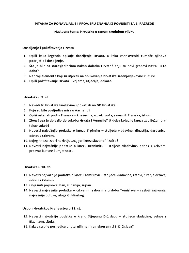 Hrvatska U Ranom Sr. Vijeku (PITANJA) | PDF
