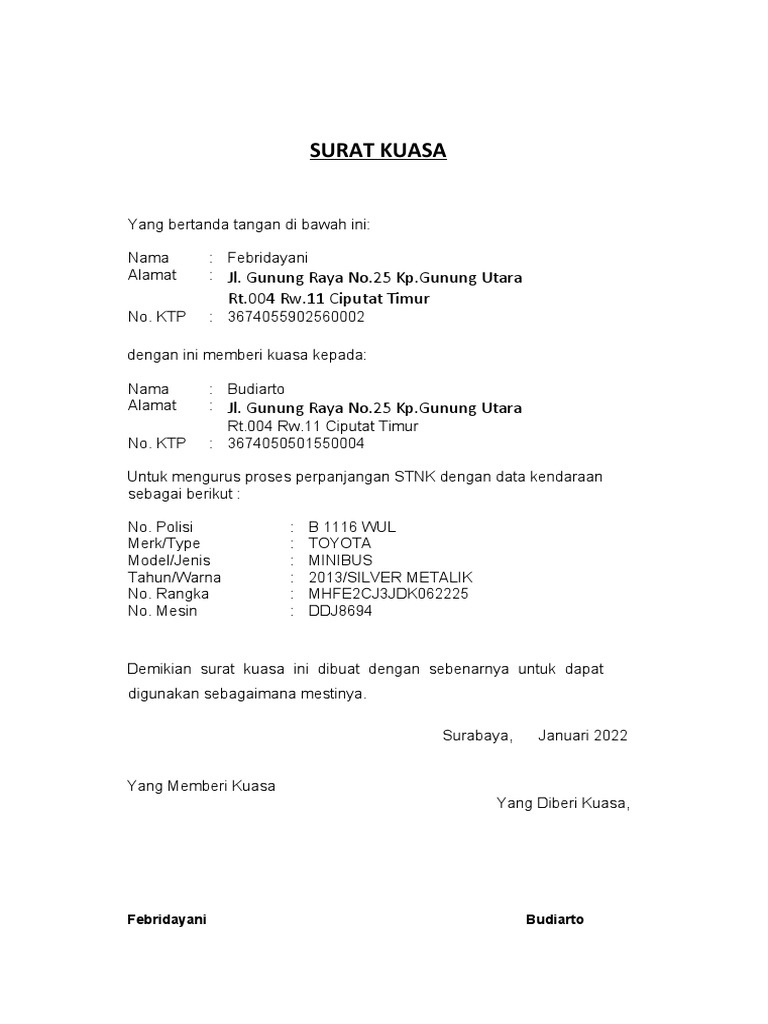 Surat Kuasa Perpanjangan STNK | PDF