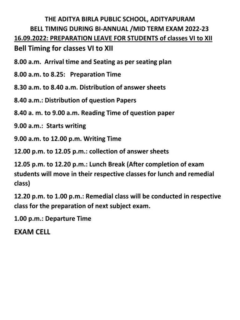 Exam Bell Timings for Aditya Birla School | PDF