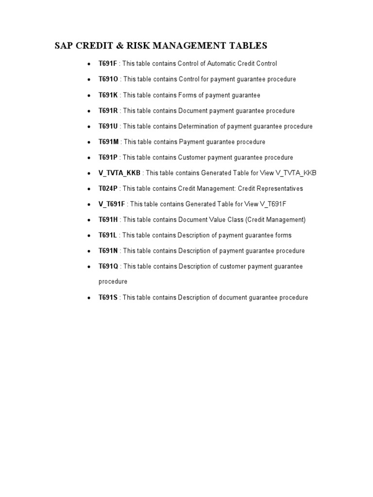SAP Credit and Risk Management Tables | PDF
