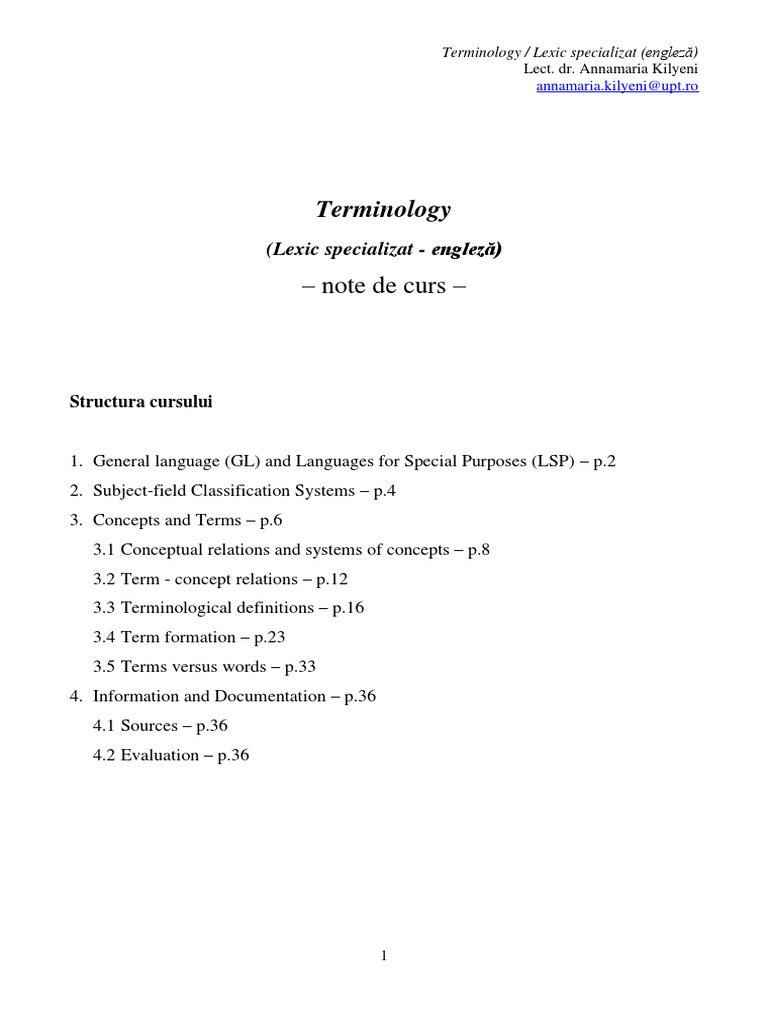 Lexic Specializat - Terminology - Note de Curs | PDF | Definition | Concept