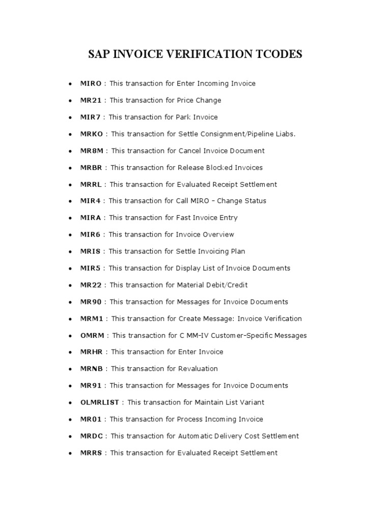 SAP Invoice Verification Tcodes Guide | PDF | Invoice | Computing