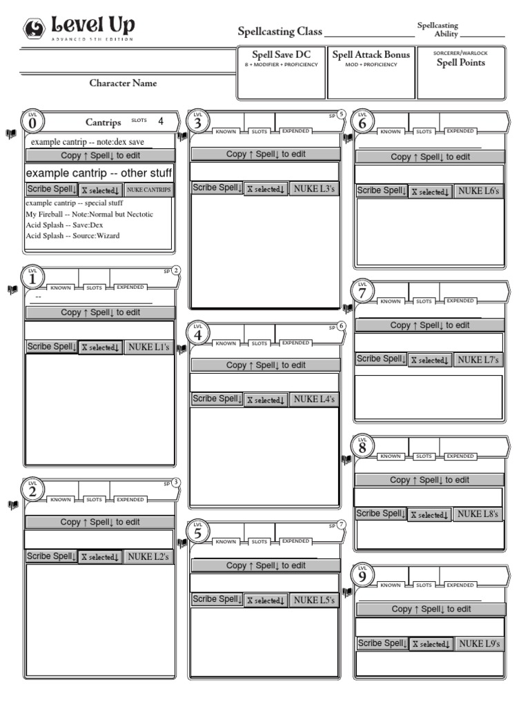 4-Level Up CharSheet BW Fillable Fancy Spellbook | PDF | Fantasy Role ...