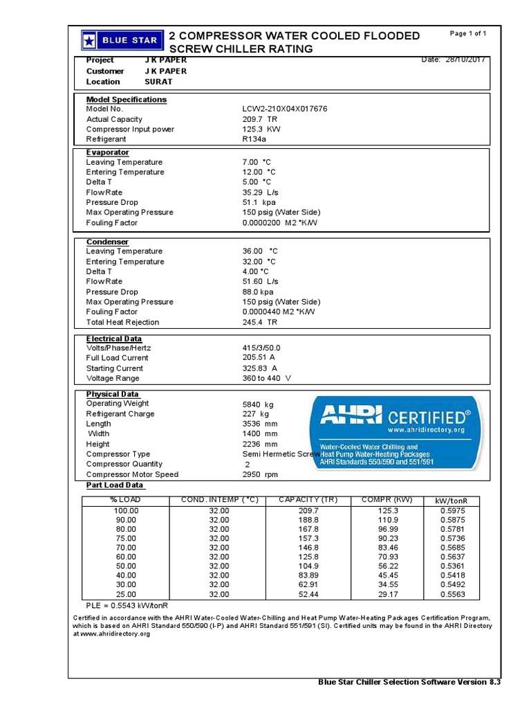 Specifications and Performance Ratings for a 209.7 Ton Water Cooled ...