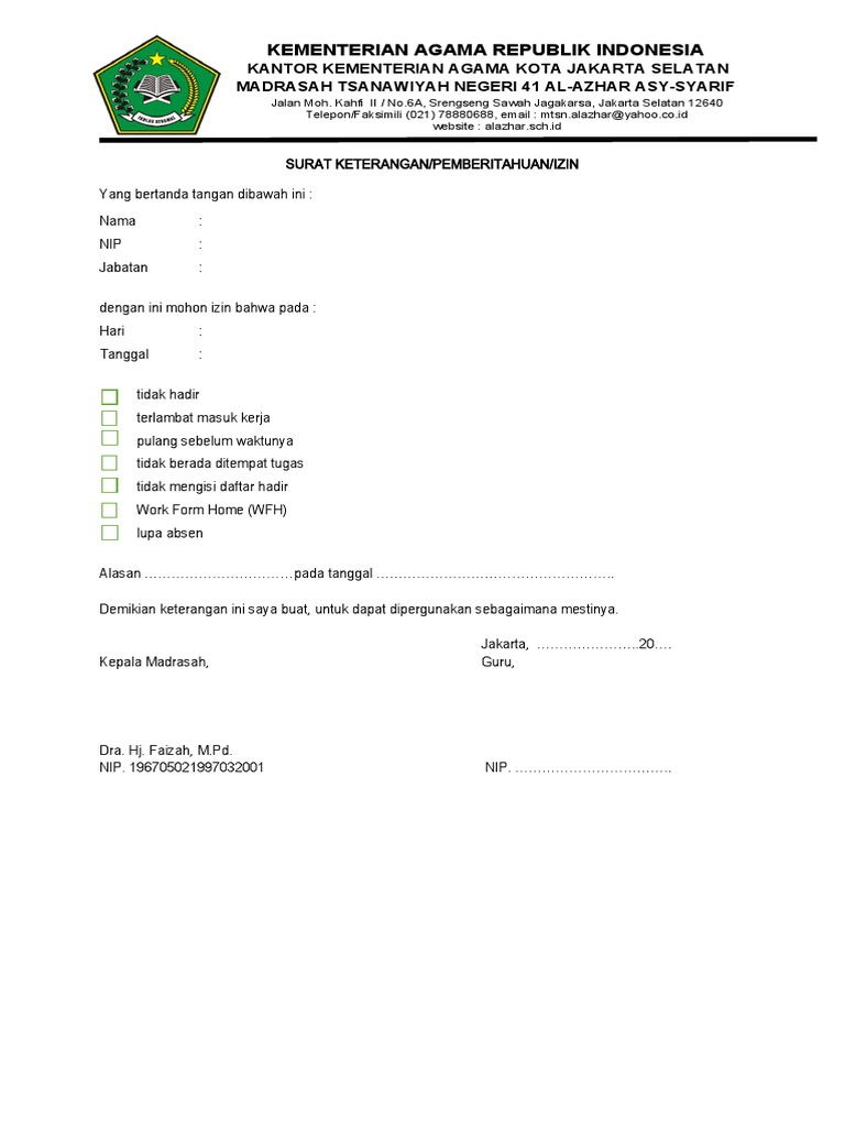 Contoh Surat Izin Tidak Masuk Kerja | PDF