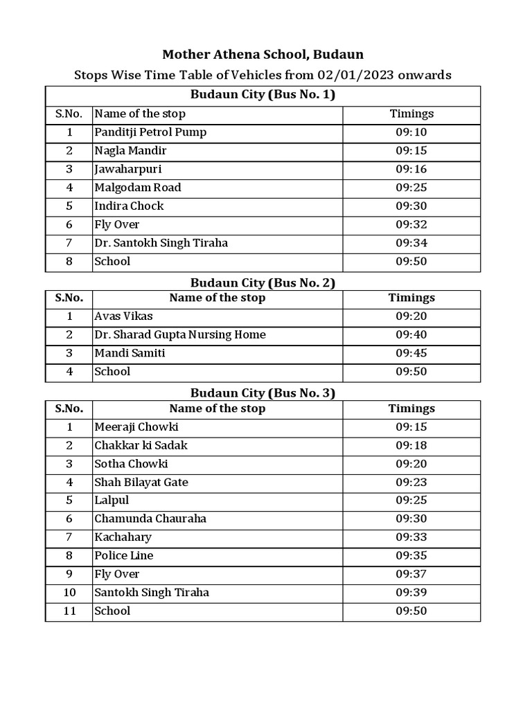 Bus Stops List Time Wise (2nd January 2023 Onwards) | PDF
