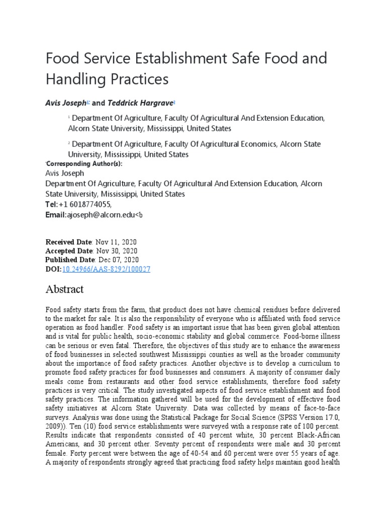Food Service Establishment Safe Food and Handling Practices | PDF ...