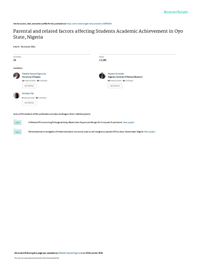 Parental and Related Factors Affecting Students Academic Achievement in Oyo State Nigeria | PDF ...