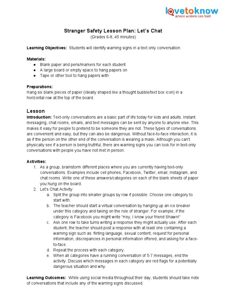3444 Stranger Safety Lesson Plan Lets Chat | PDF | Conversation | Facebook
