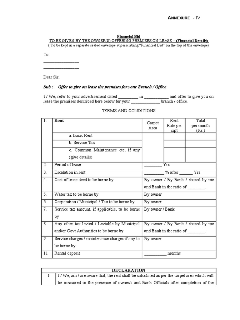Annexure IV Financial Bid Offer Letter To Be Given by The Owner | PDF ...