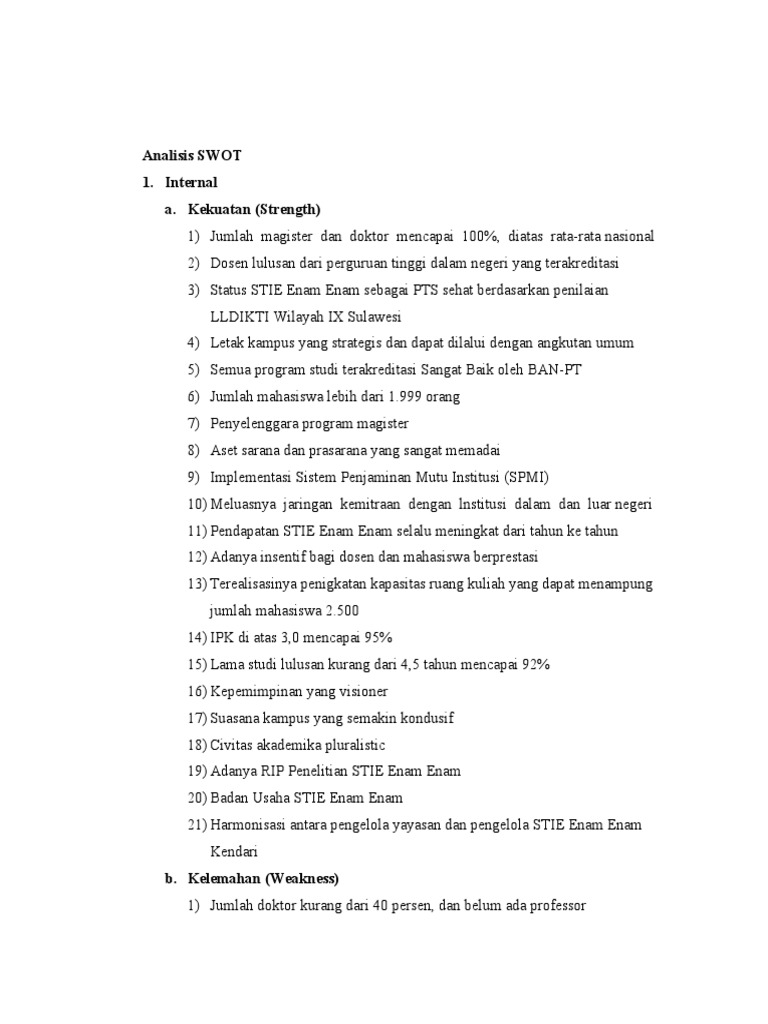 Analisis SWOT STIE Enam Enam Kendari | PDF