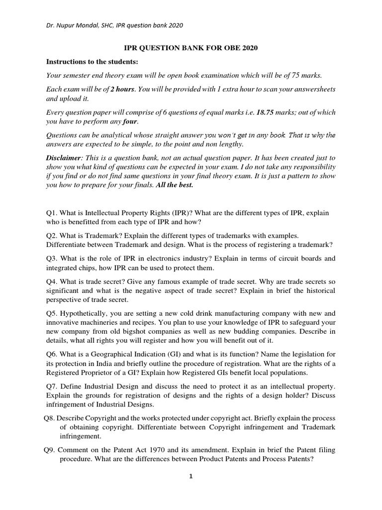 Ipr Question Bank For Obe 2020 Instructions To The Students | PDF | Intellectual Property | Patent