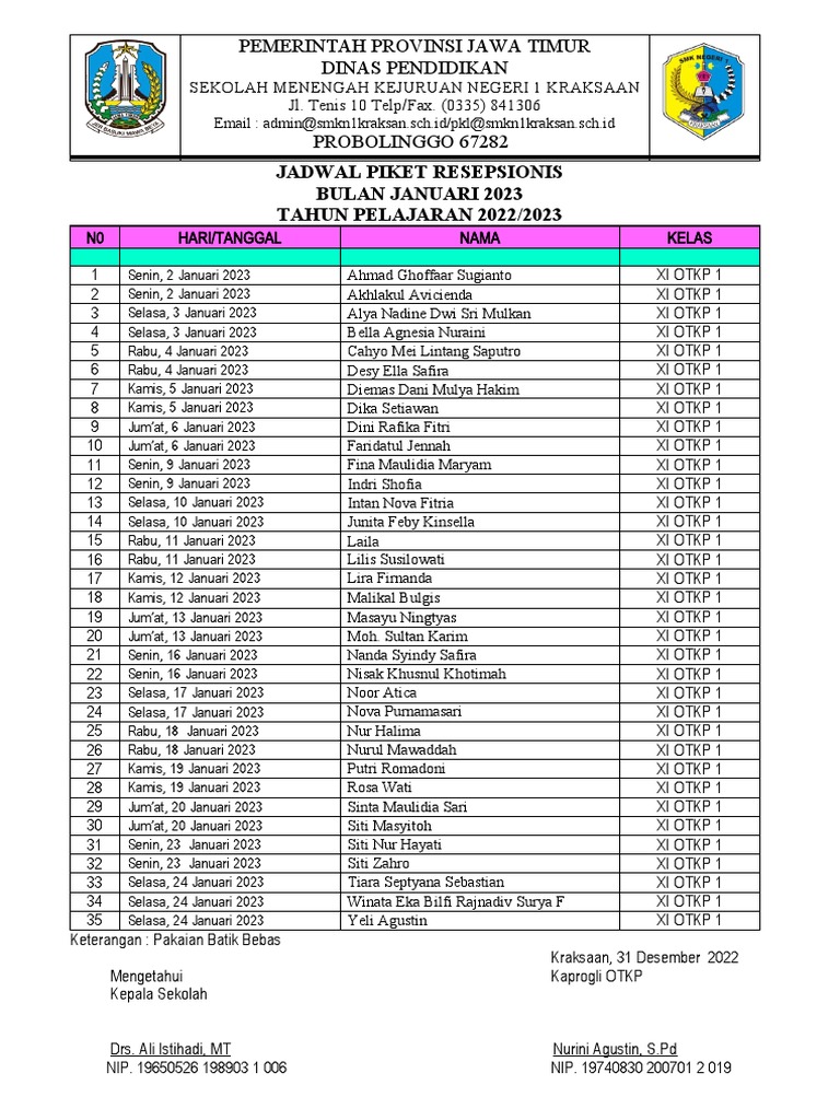 Jadwal Piket Resepsionis - XI OTKP 1 | PDF