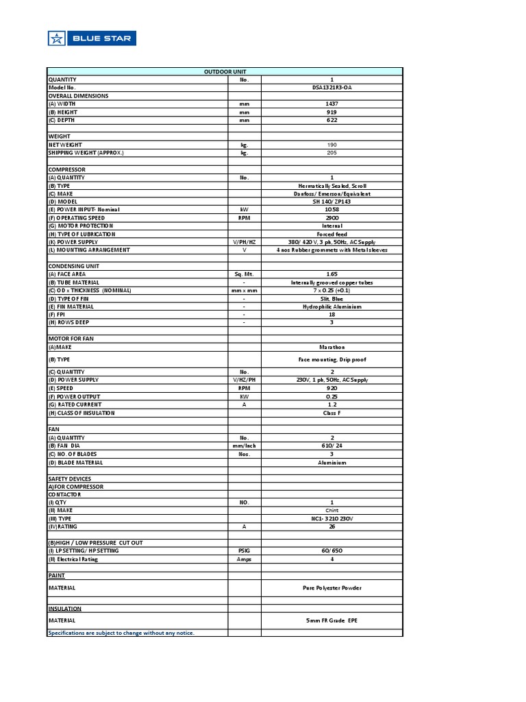 DSA1321R3-OA Condensing Unit Specs | PDF | Manufactured Goods ...