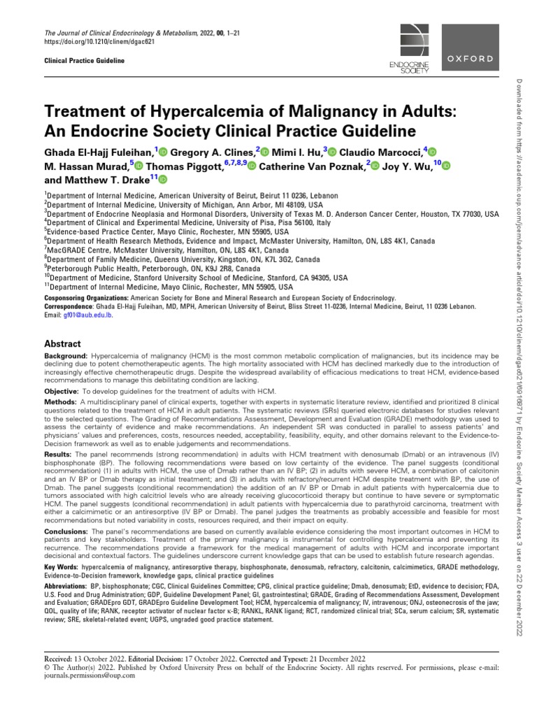 2022 - JCEM - Treatment of Hypercalcemia of Malignancy in Adults | PDF | Cancer | Bone