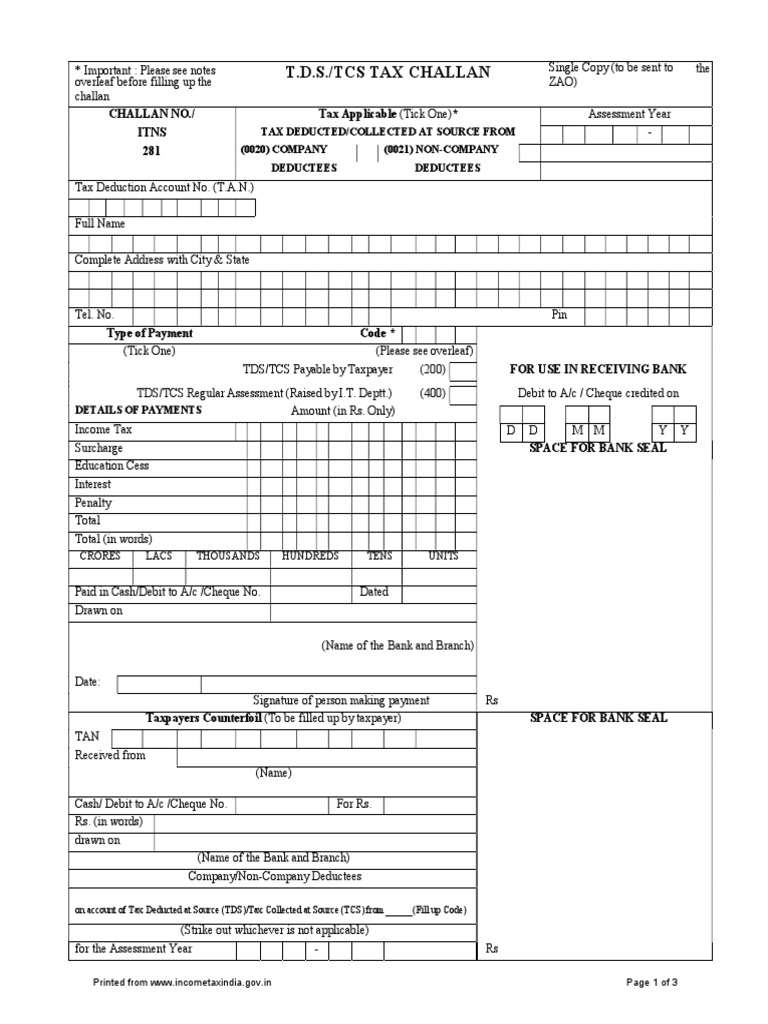 T.D.S./Tcs Tax Challan: Tax Deducted/Collected at Source From (0020 ...