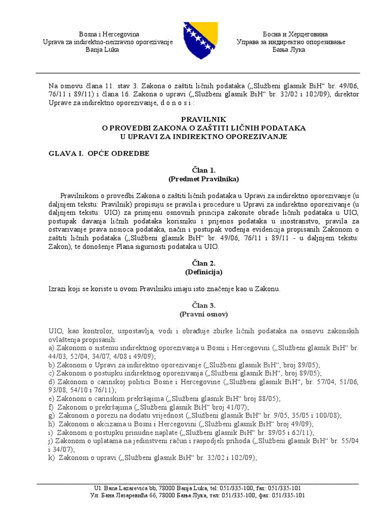 9 Pravilnik o Provedbi Zakona o Zaštiti Ličnih Podataka U Upravi Za ...