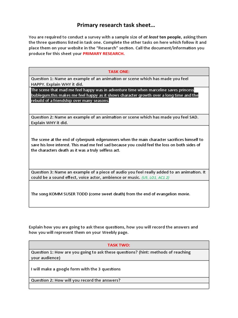 Primary Research Task Sheet With Audio Pdf