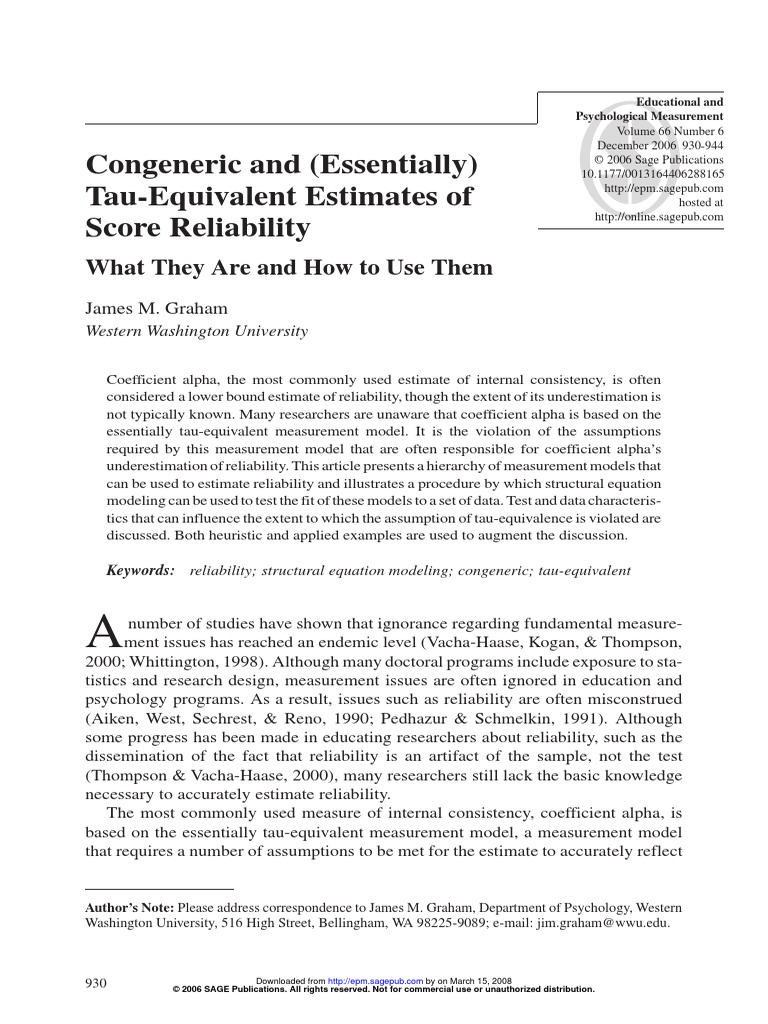Graham Congeneric And Essentially Tau Equivalent Estimates Of Score Reliability Pdf