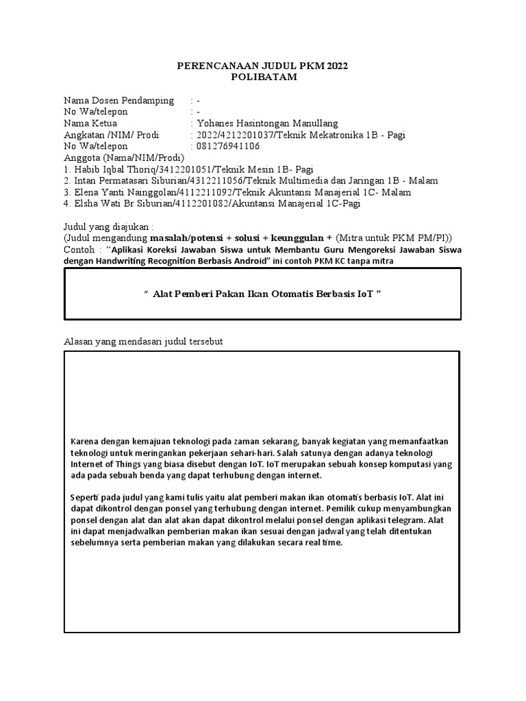 Elsha Wati BR Siburian - PKM KI - Alat Pemberi Pakan Ikan Otomatis Berbasis IoT | PDF | Bisnis ...