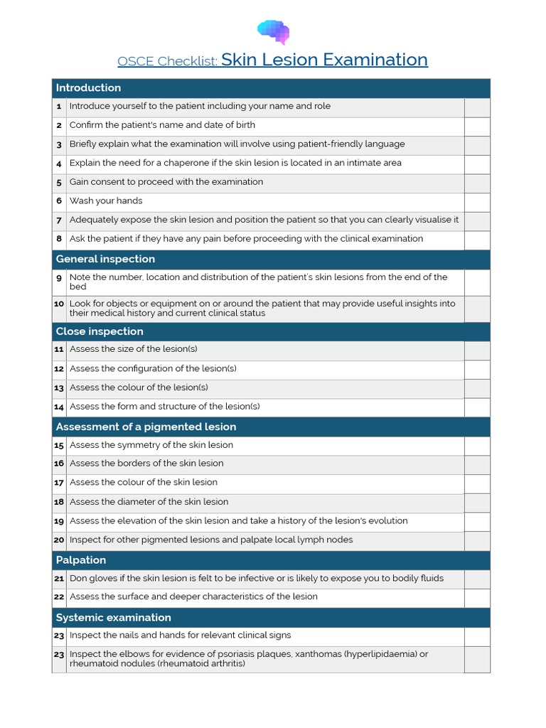 OSCE Checklist Skin Lesion Examination | PDF