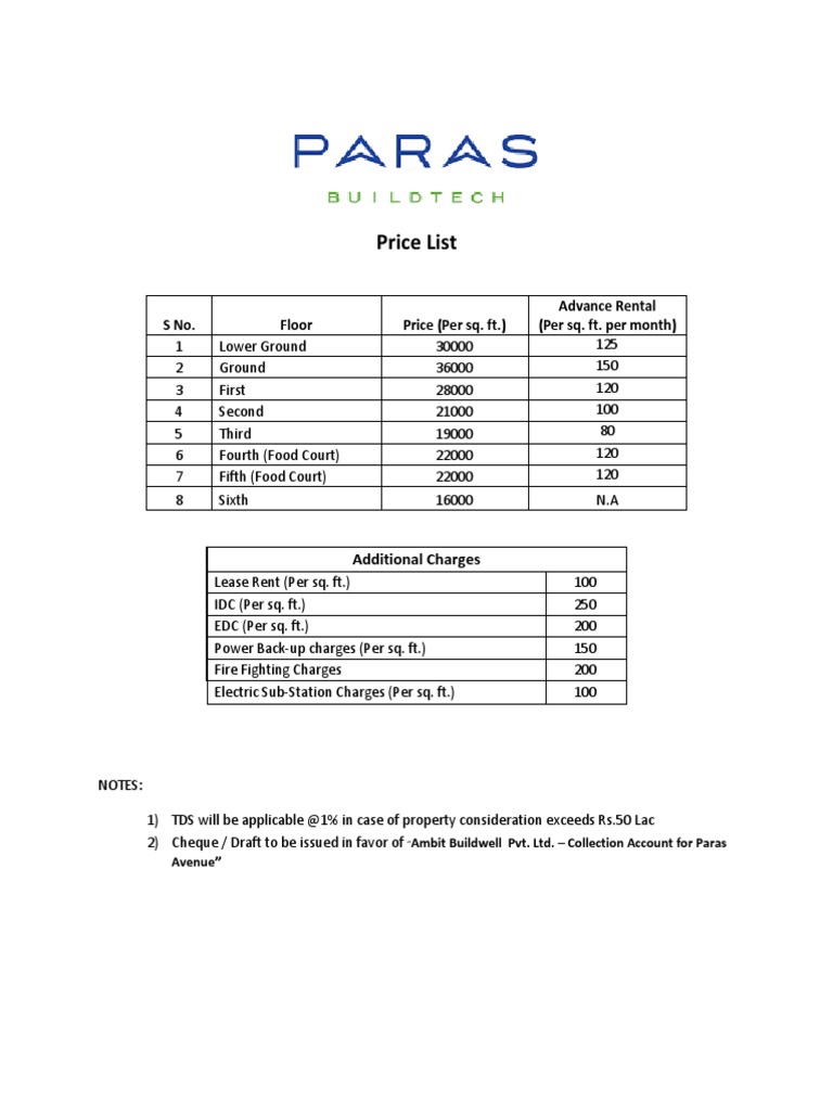 Price List - Paras Avenue | PDF