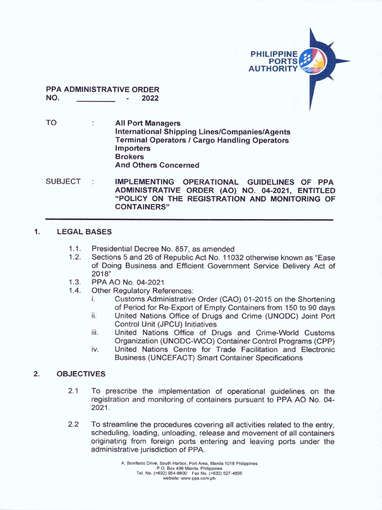 Draft Implementing Operational Guidelines of Philippine Ports Authority Administrative Order No ...
