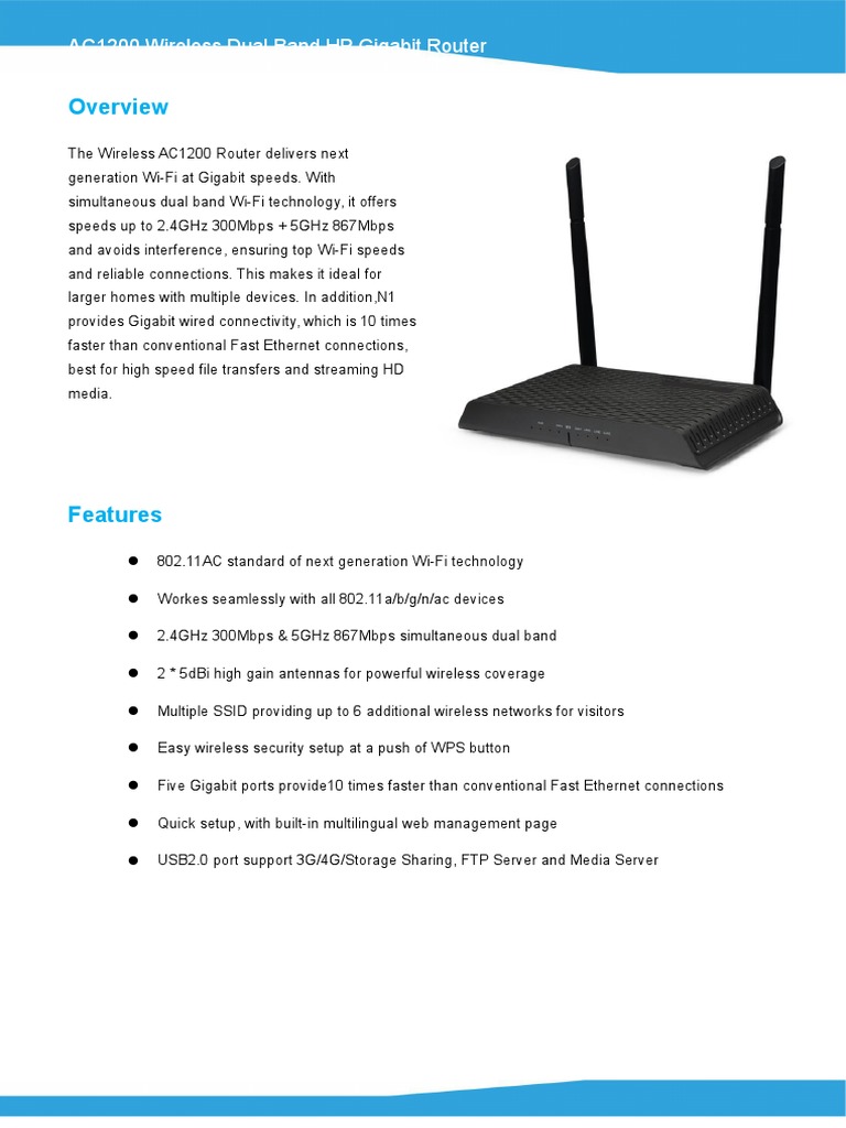 N1 - AC1200 Wireless Dual Band Gigabit Router - Datasheet | PDF | Wi Fi ...