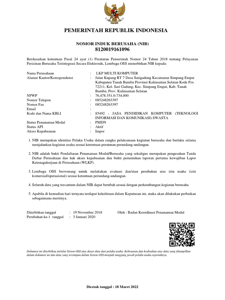 NIB LKP Multi Komputer Kalimantan Selatan | PDF