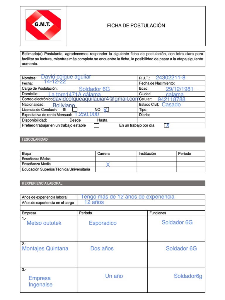 Ficha Postulación V2!12!22 | PDF