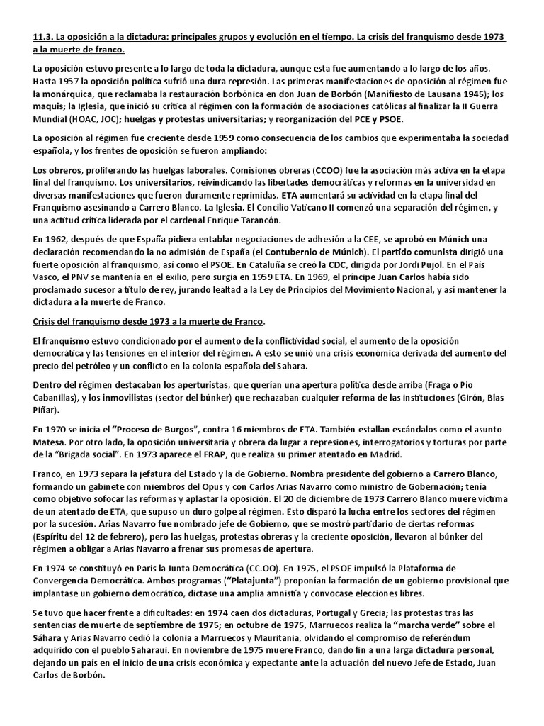 La evolución de la oposición a la dictadura franquista y la crisis final del régimen desde 1973 ...