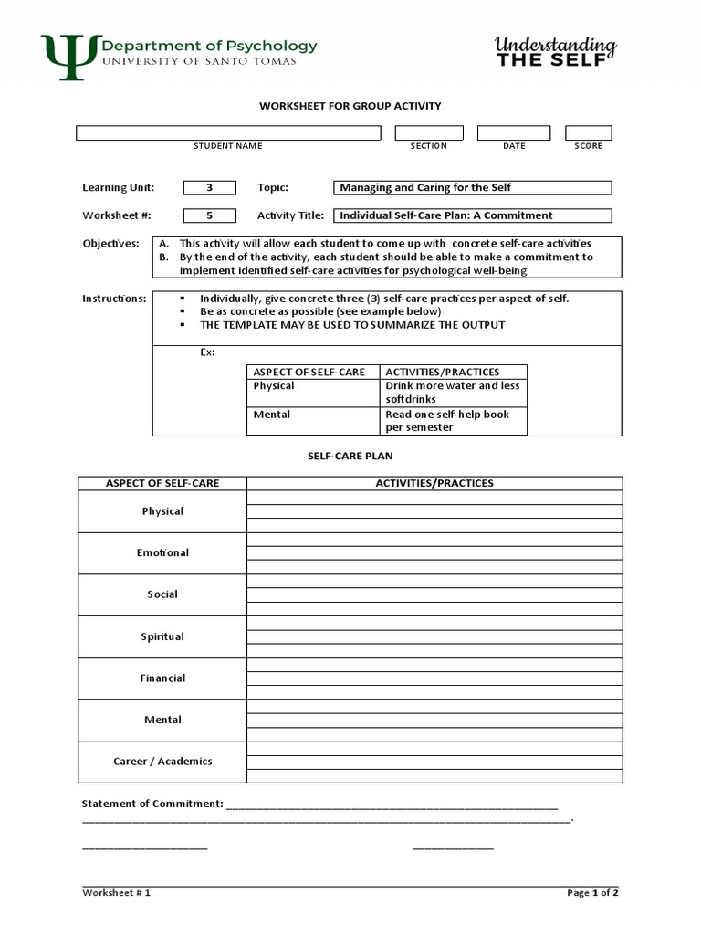 Worksheet #5 Self Care Plan | PDF