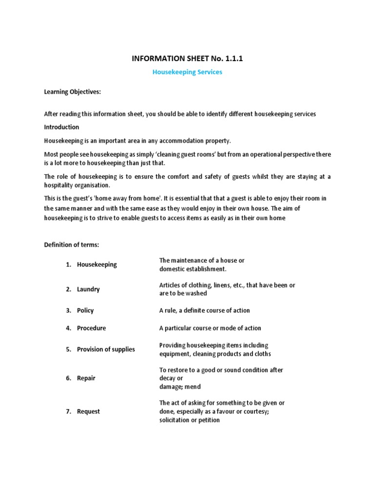 INFORMATION SHEET No. 1.1.1 | Download Free PDF | Housekeeping ...